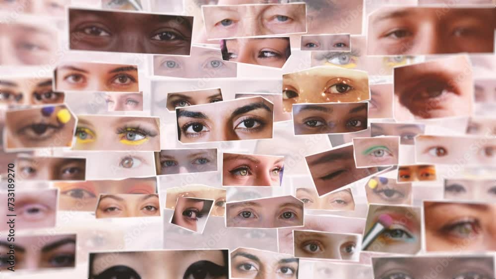 Animated wall of cut out videos of eyes. Collage style animated ...
