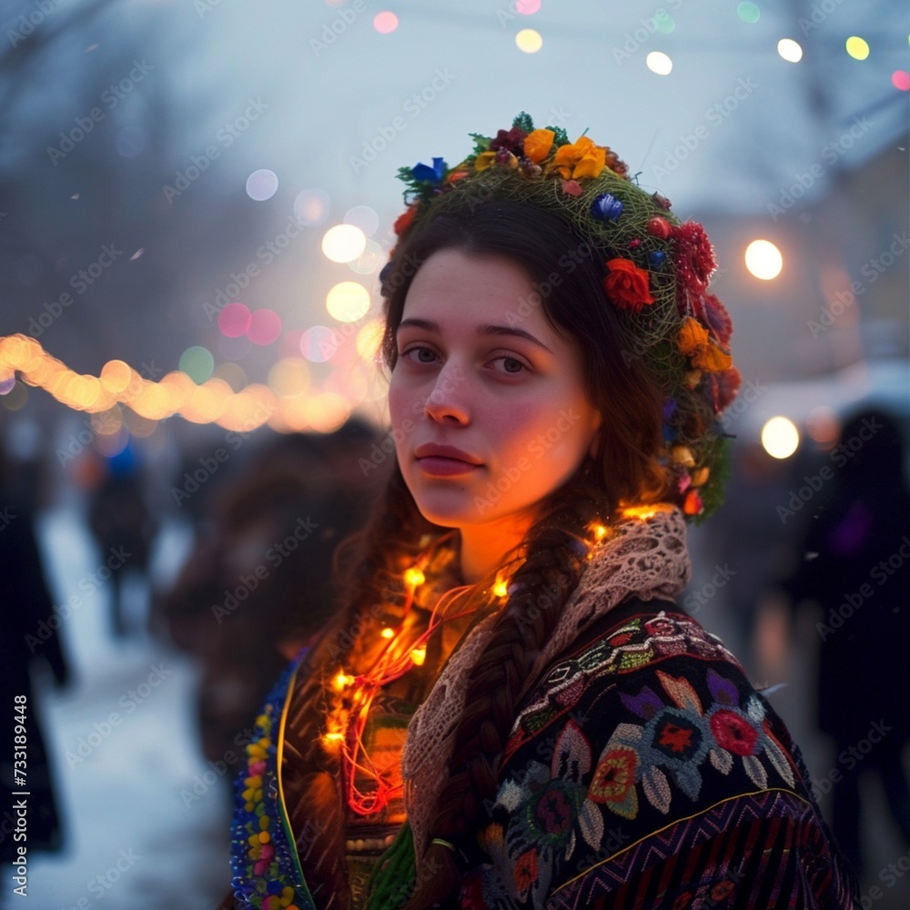 A lively maslenitsa celebration with people dancing in colorful ...