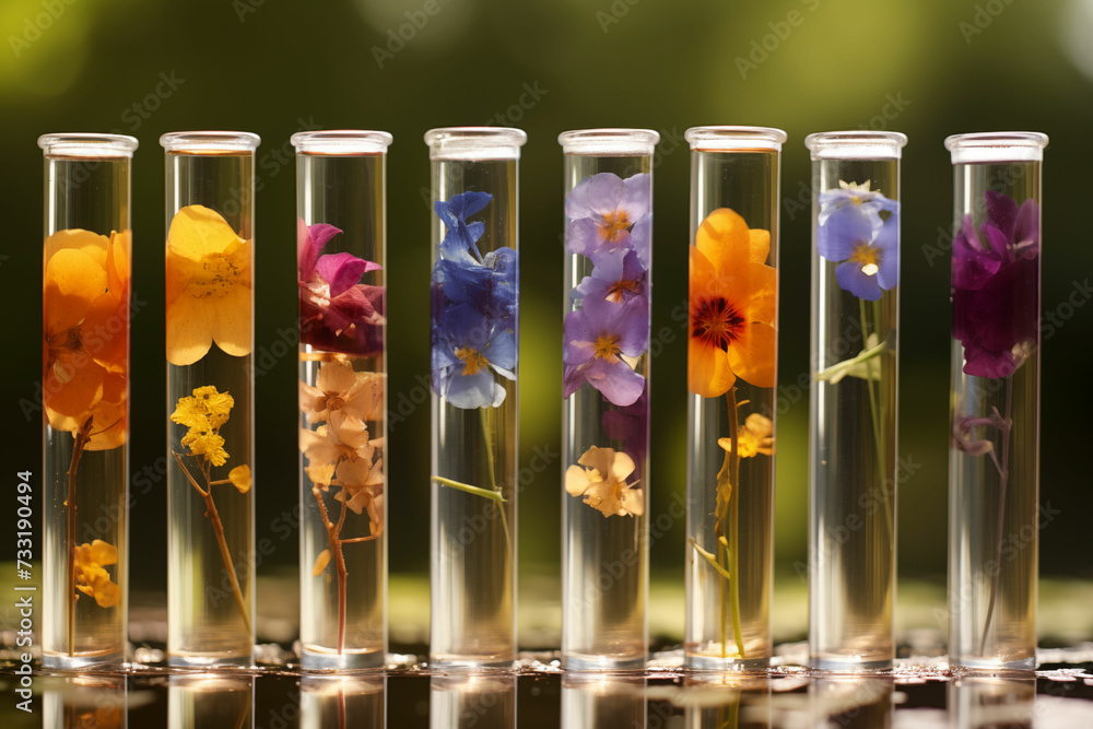 colorful flowers in test tubes, chemical lab, chemistry, science ...