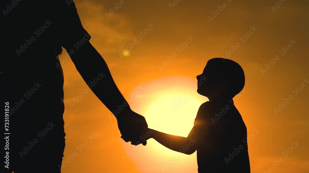 Vidéo Stock Little son, dad hold hands close-up in nature in sun. Child ...