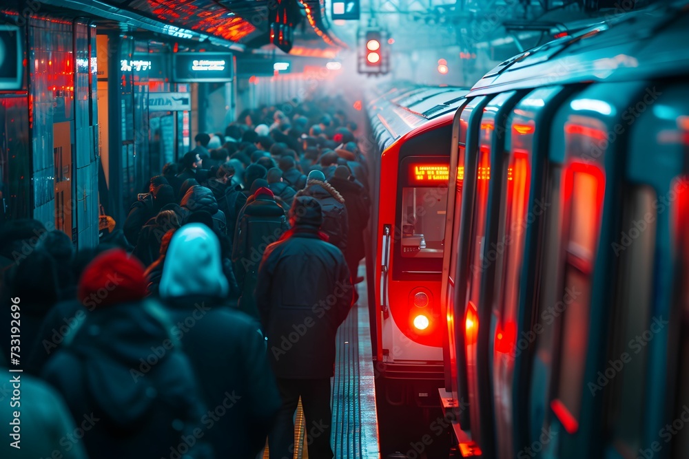 Busy commuters packed into a subway train, embodying the rush of city ...