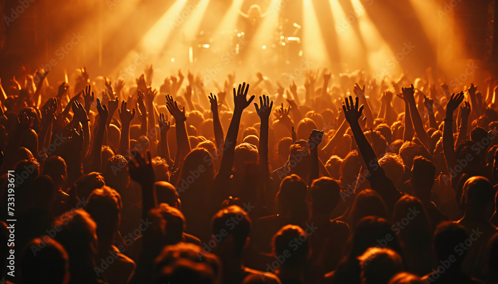 Festival or concert crowd standing in front of a stage and holding ...