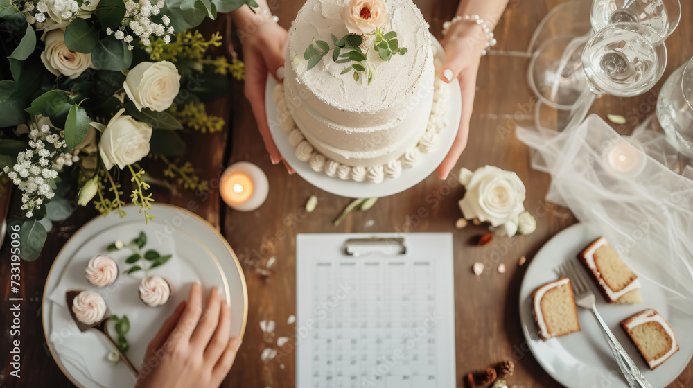 A bride's hands are seen arranging a cake tasting setup with elegant ...