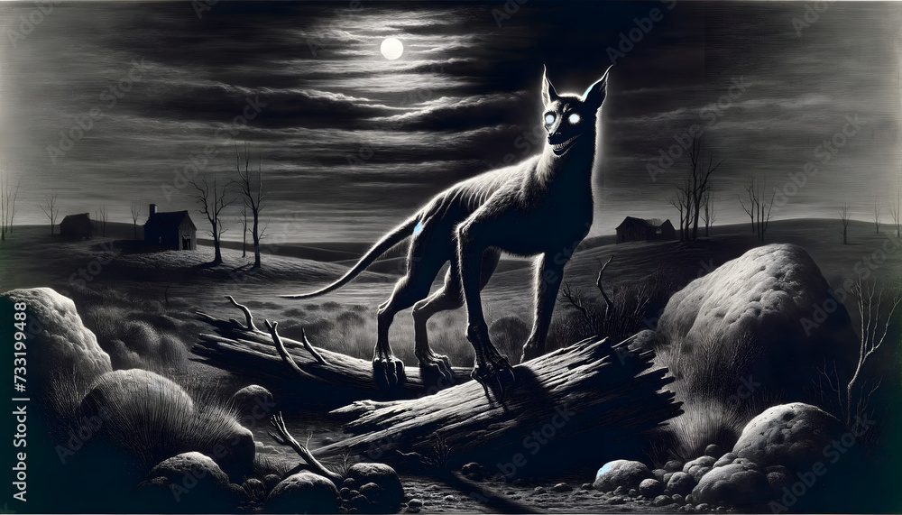 illustration of the mythological creature, the Chupacabra, in a mysterious and desolate ...