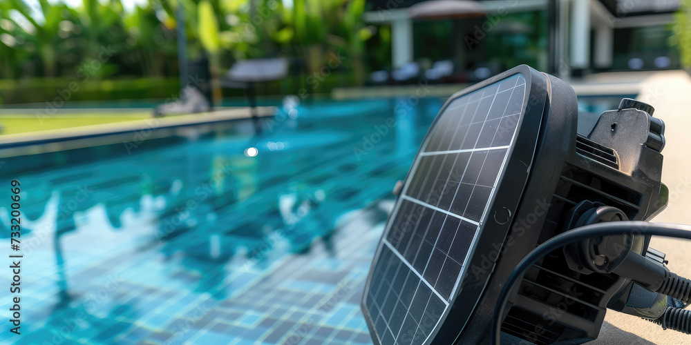Solar-Powered Pool Pump. Eco-friendly solar panel connected to a pool ...