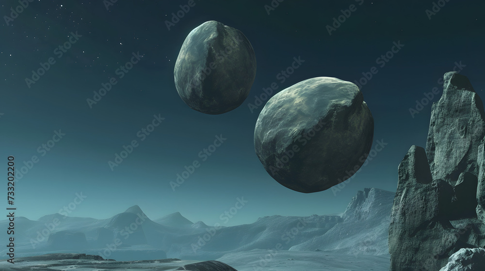 Lunar landscape with floating moon rocks, video game, concept art ...