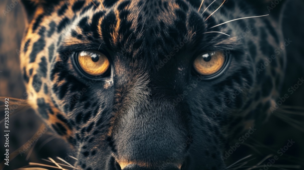 A detailed view of a black leopard's face. This image can be used to ...