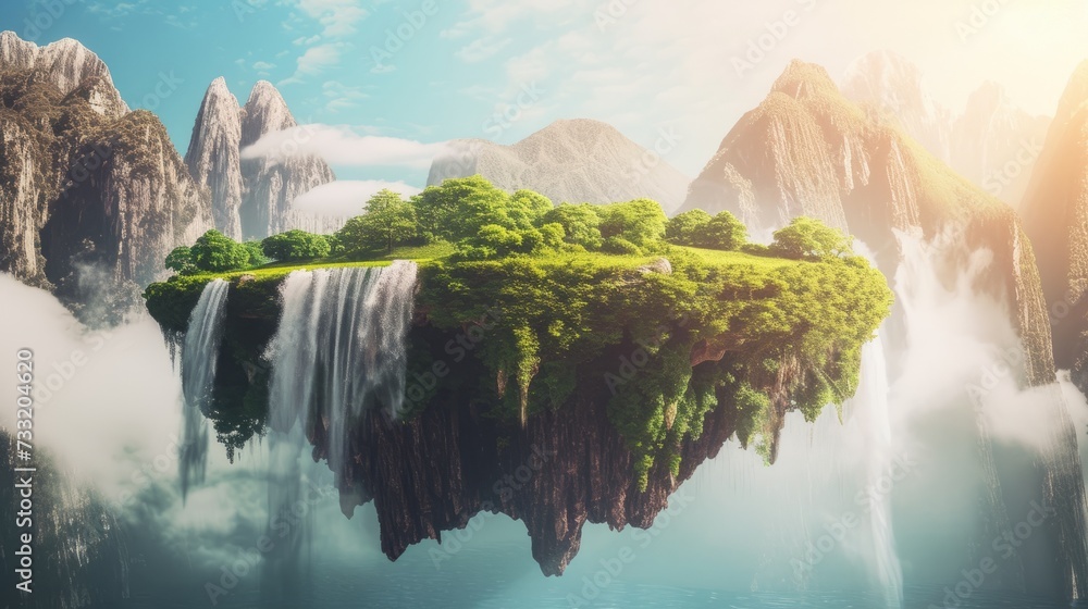 Floating forest island with mountains and waterfalls. Fantasy island ...
