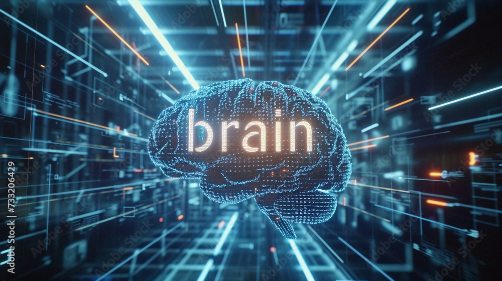 Front view image of digital brain, with text. Light, shine background ...