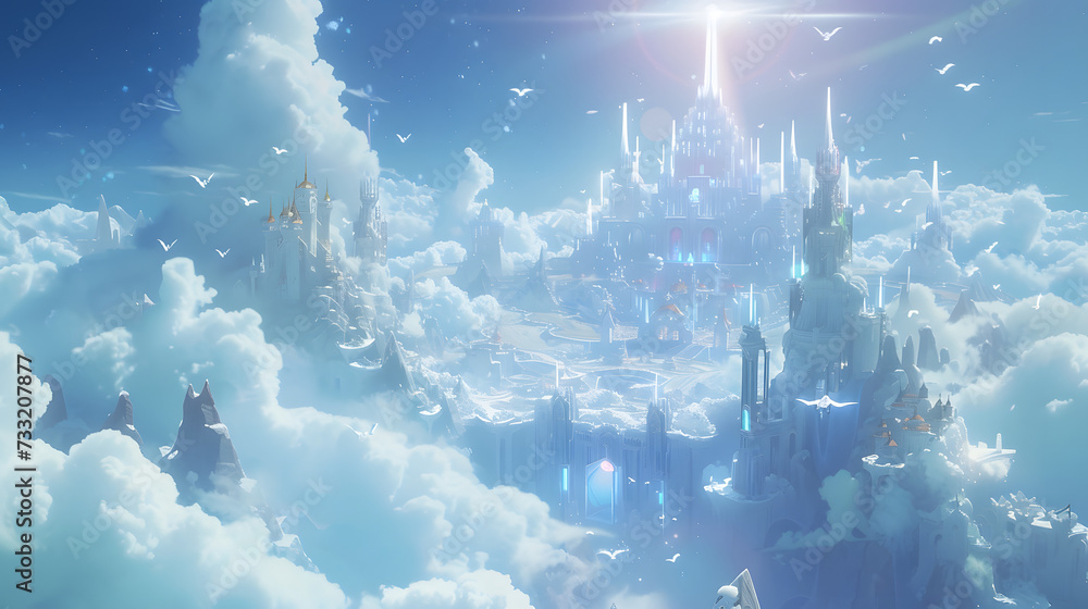 Celestial city in the clouds guarded by angelic beings, video game ...