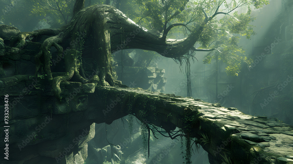 Giant tree roots forming bridges over a chasm, video game, concept art ...