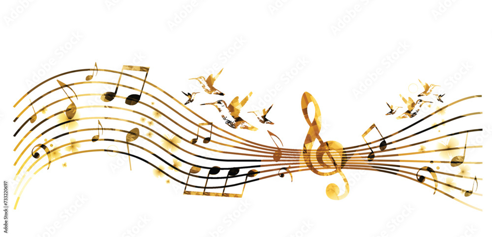 Colorful stave with music notes and hummingbirds isolated vector ...