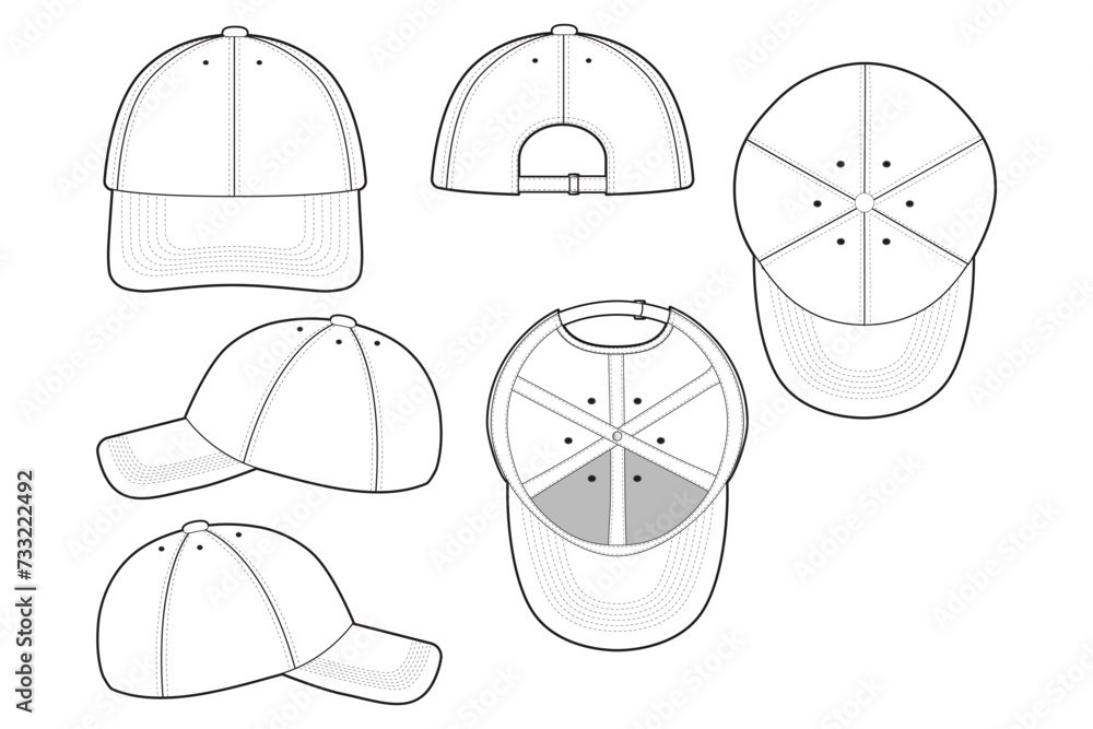 6 Panel Baseball Hat Technical Drawing Illustration Blank Streetwear ...