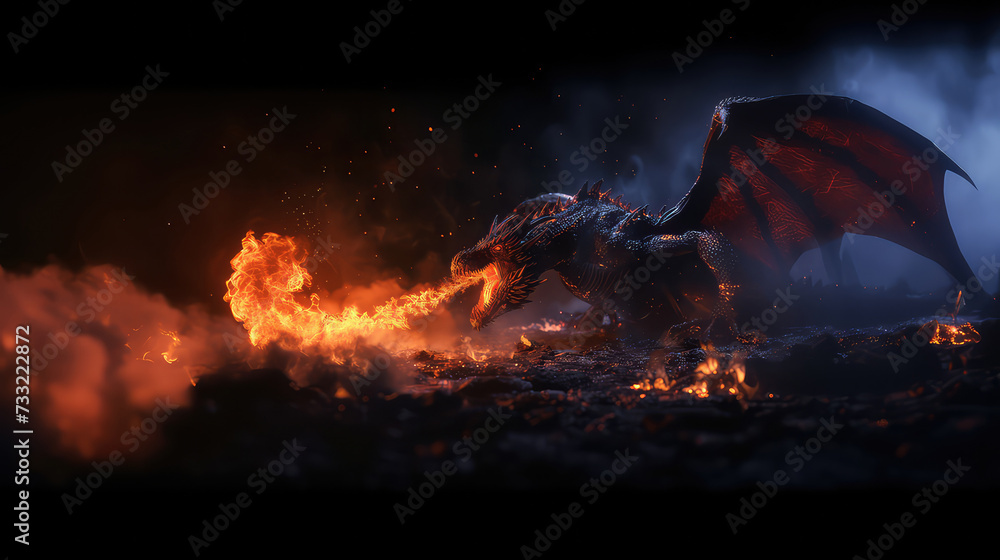 Fire breathes explode from a giant dragon in a black night, the epic ...