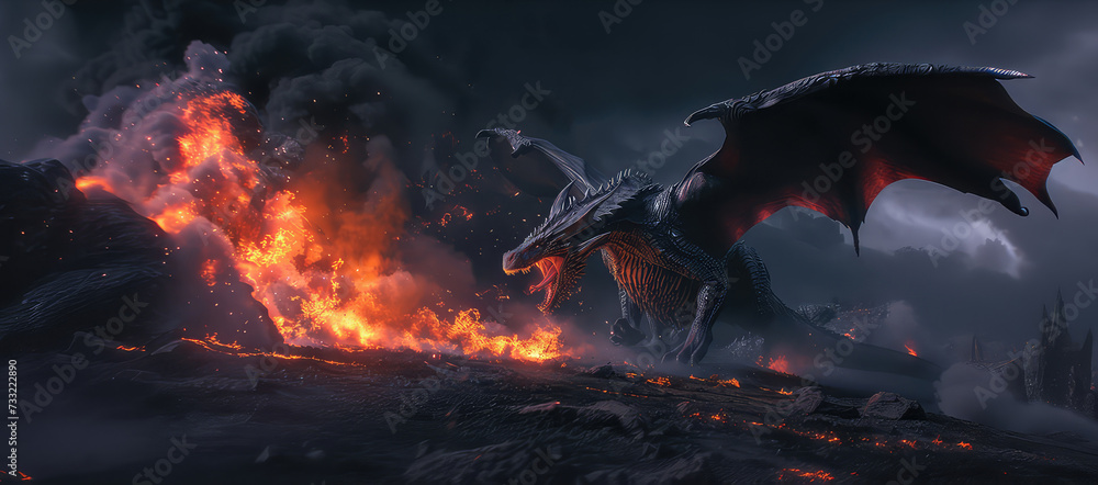 Fire breathes explode from a giant dragon in a black night, the epic ...