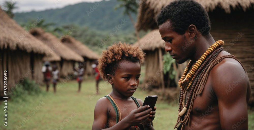 African Native Man With His Son Studying Smartphone In Their African ...