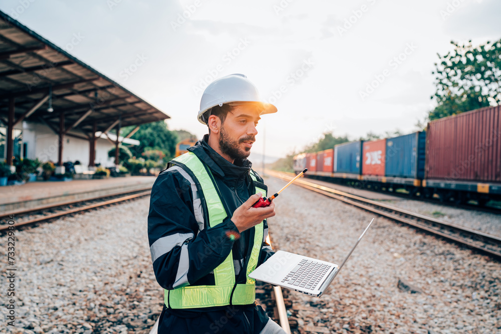 Engineer wearing safety uniform sitting on railway inspection ...