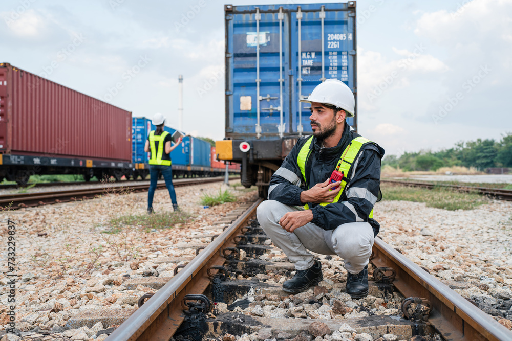 Team of engineer railway wearing safety uniform and helmet under ...