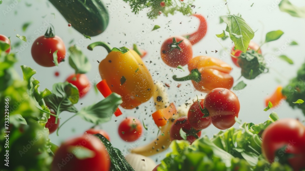 white background with assortment of fresh vegetables and water splashes ...