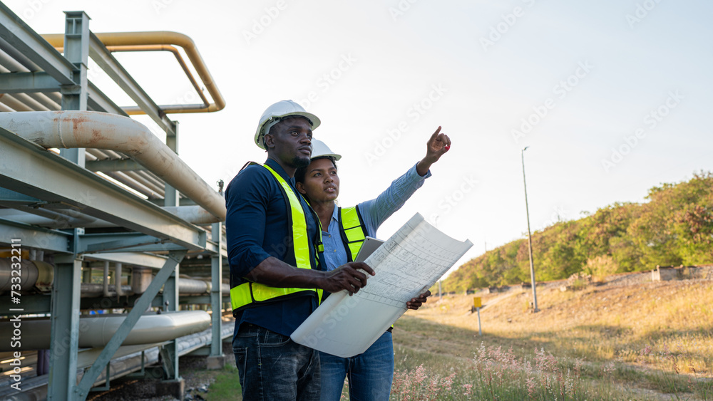 Young mechanical engineer holding blueprint drawing to checking and ...