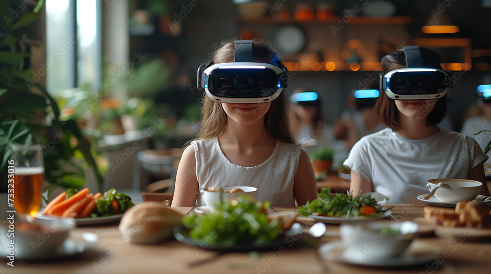 People having dinner in the dining futuristic room using vr glasses ...
