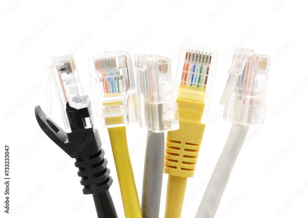 Group of multi-colored network cables with molded RJ45 plug on ...