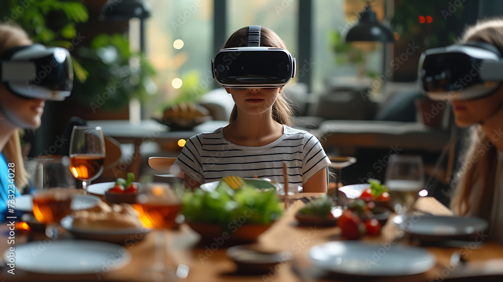 People having dinner in the dining futuristic room using vr glasses ...