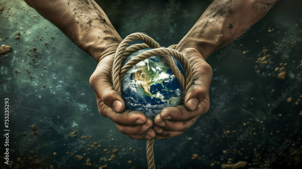 Hands of a man holding the planet Earth wrapped in a rope symbol of ...