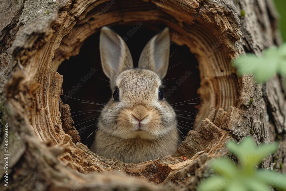 Cute baby rabbit peeping from stump in spring forest Stock Photo ...