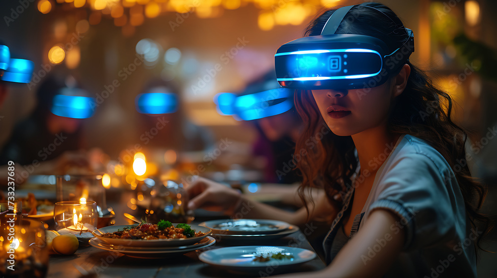 People having dinner in the dining futuristic room using vr glasses ...
