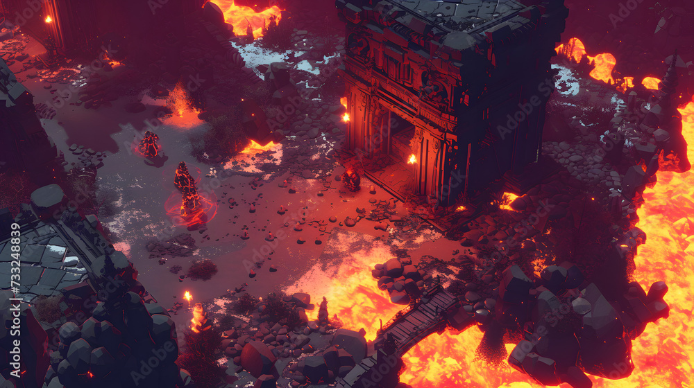 The forge of a legendary blacksmith surrounded by lava, video game ...
