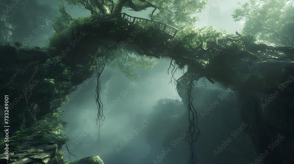 Giant tree roots forming bridges over a chasm, video game, concept art ...