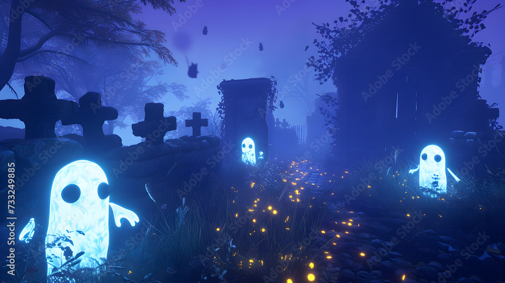 Spectral graveyard haunted by ghostly apparitions, video game, concept ...