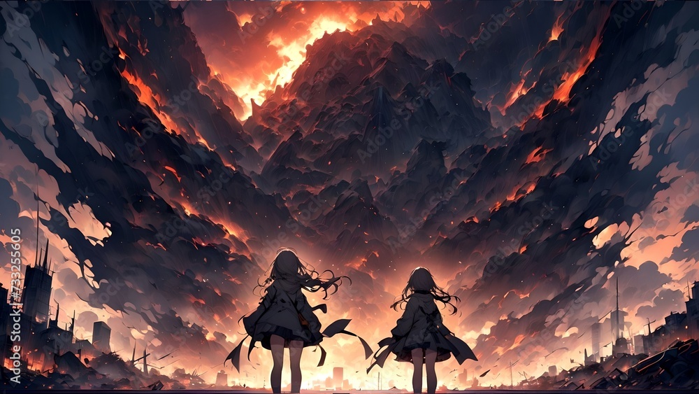 Two anime girls against the backdrop of a big explosion in the ...