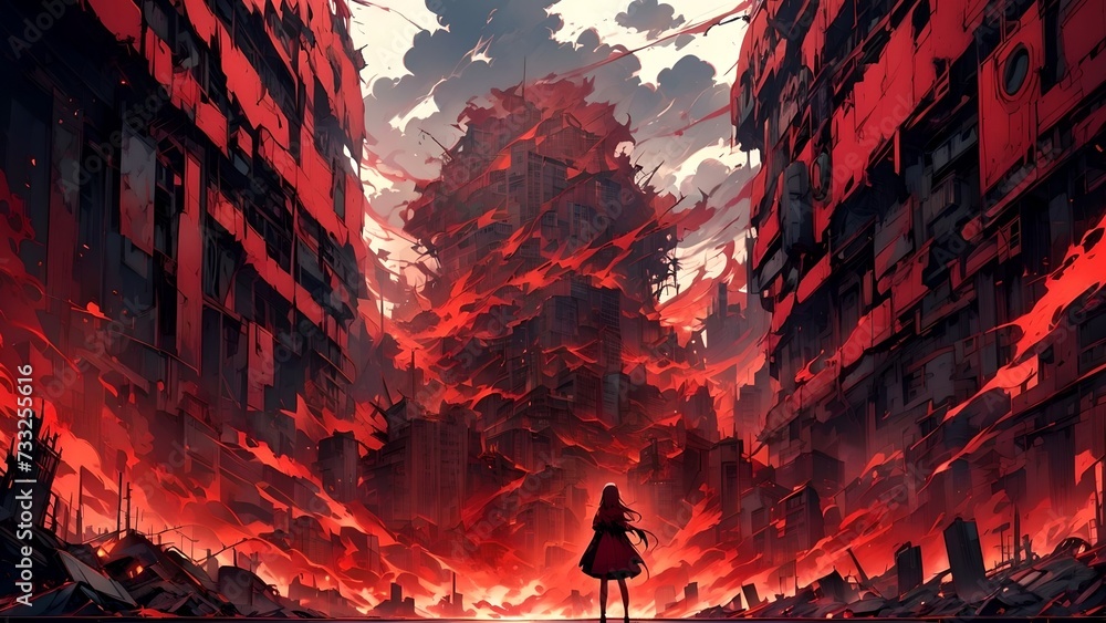 anime girl against the background of the red apocalypse, anime ...
