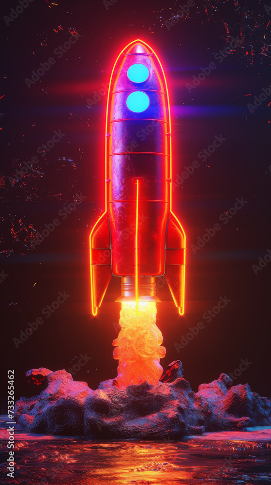 Neon Rocket Launch with Dynamic Smoke. A neon rocket ascends with ...