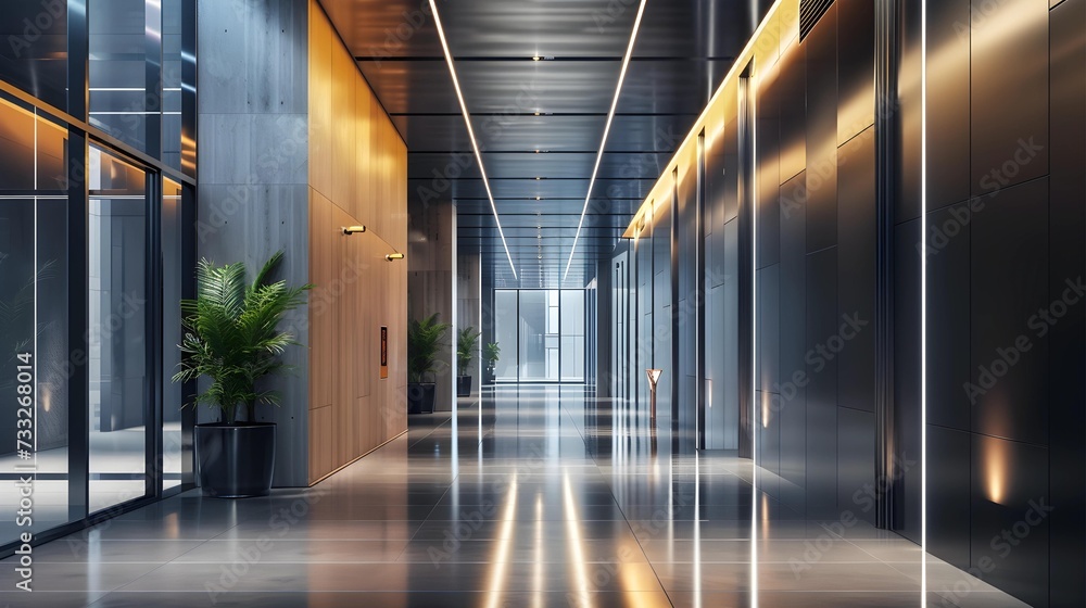 This modern office corridor is designed with sleek lines, ambient ...