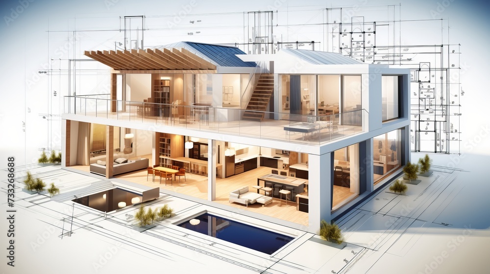 vision of architecture of a 3d model house project with blueprint Stock ...