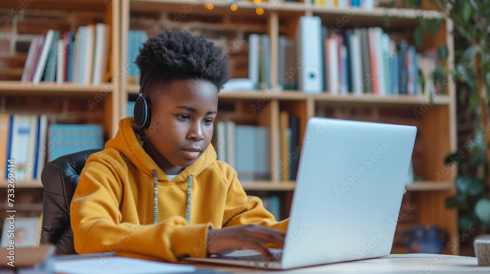 African american boy typing message on laptop during video call while ...