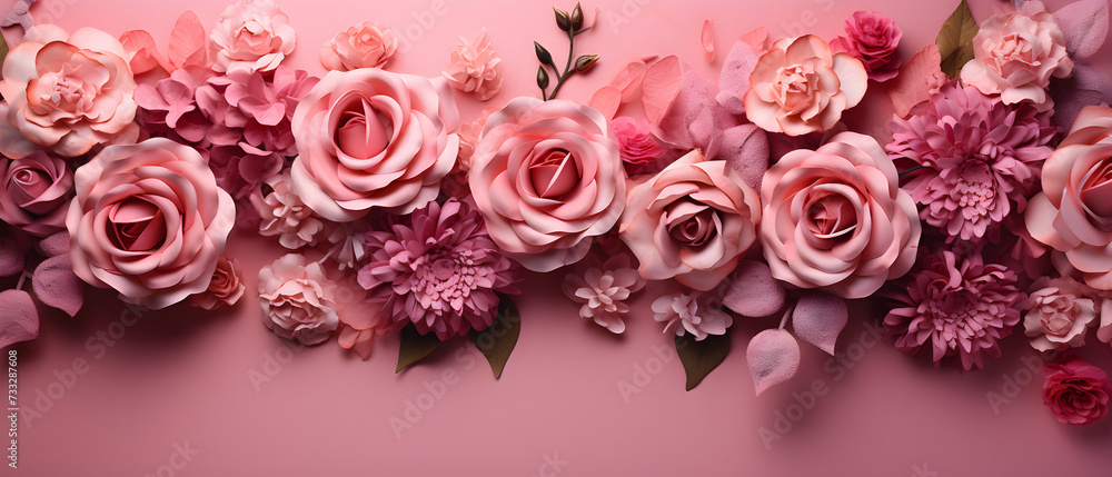 Various types of pink roses are arranged in harmony with a certain ...