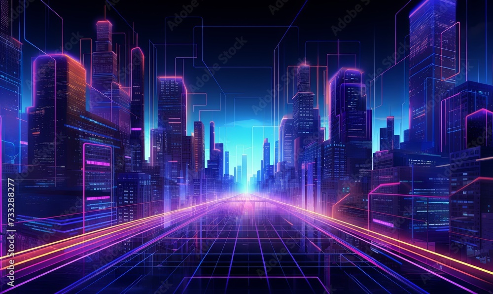 Neon mesh digital road in virtual cyber city. Multiverse 3d cityscape ...