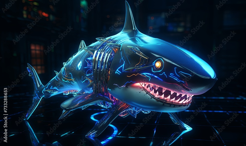 Digital cyber shark background. Virtual 3d neon predator fish with ...