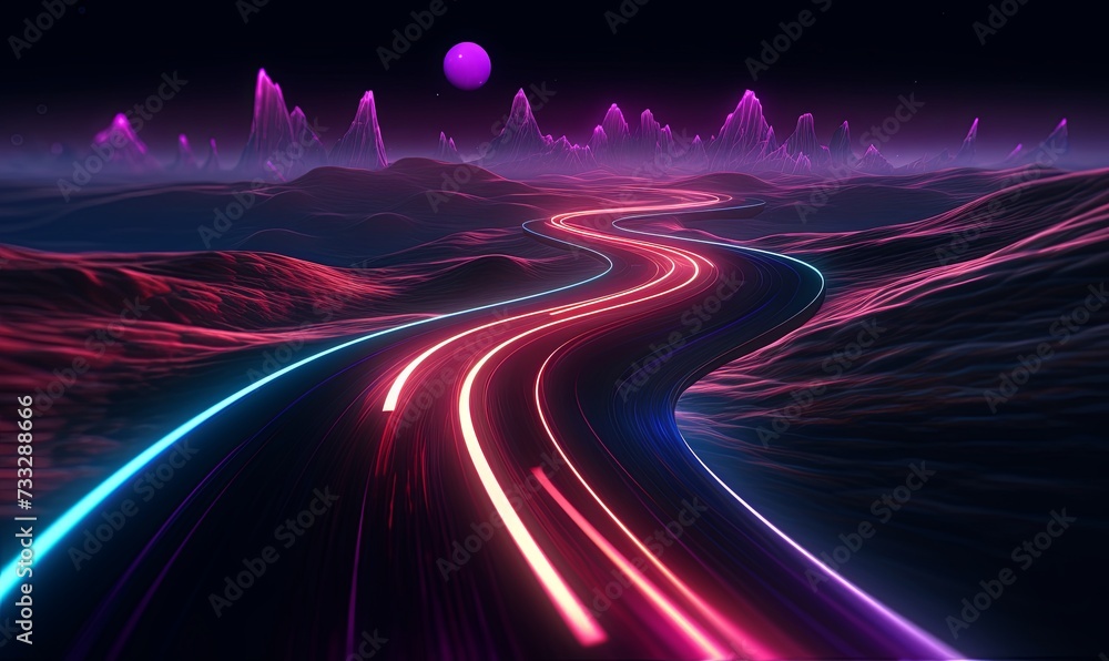 Winding neon digital highway with turn background. Twisting track lines ...