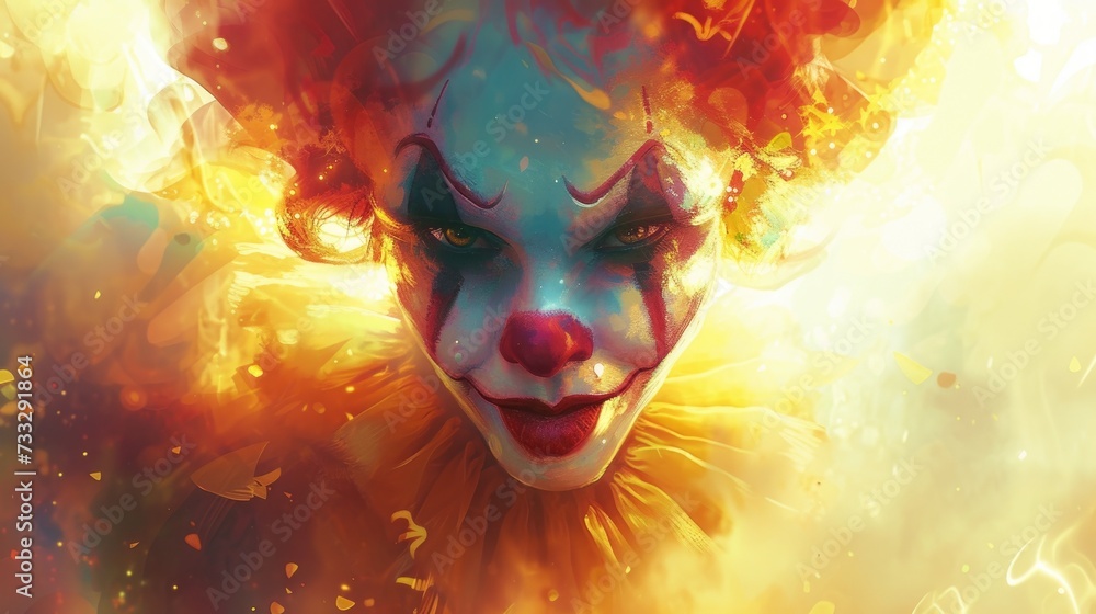 This digital artwork presents a close-up of a clown's face, centered ...
