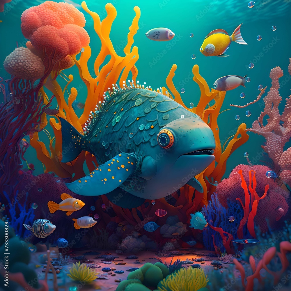 AI generated illustration of a vibrant fish surrounded by a plethora of ...