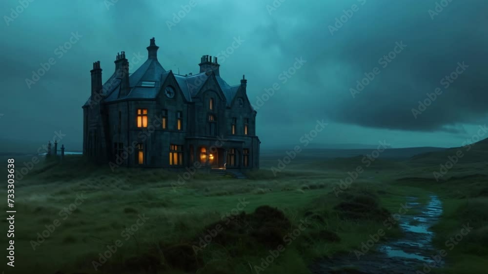 Spooky thin and tall mansion standing alone on moor, rainy field ...