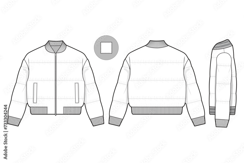 cropped zip puffer bomber jacket flat technical drawing illustration ...