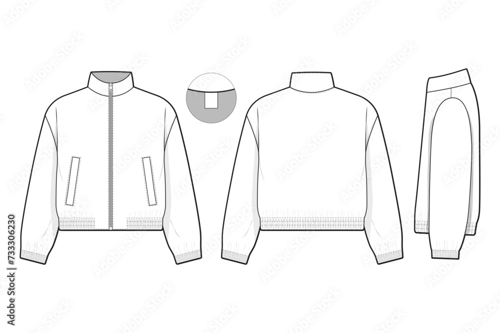 cropped zip windbreaker jacket flat technical drawing illustration mock ...