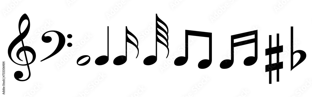 A simple set of musical icons symbols: treble clef, bass clef, various ...