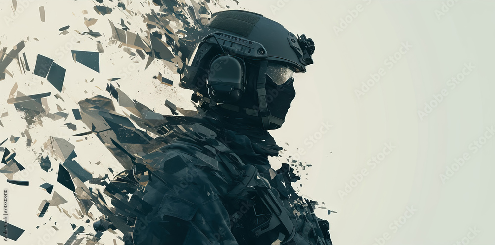 close up side view military soldier with scatter flying dark gray ...